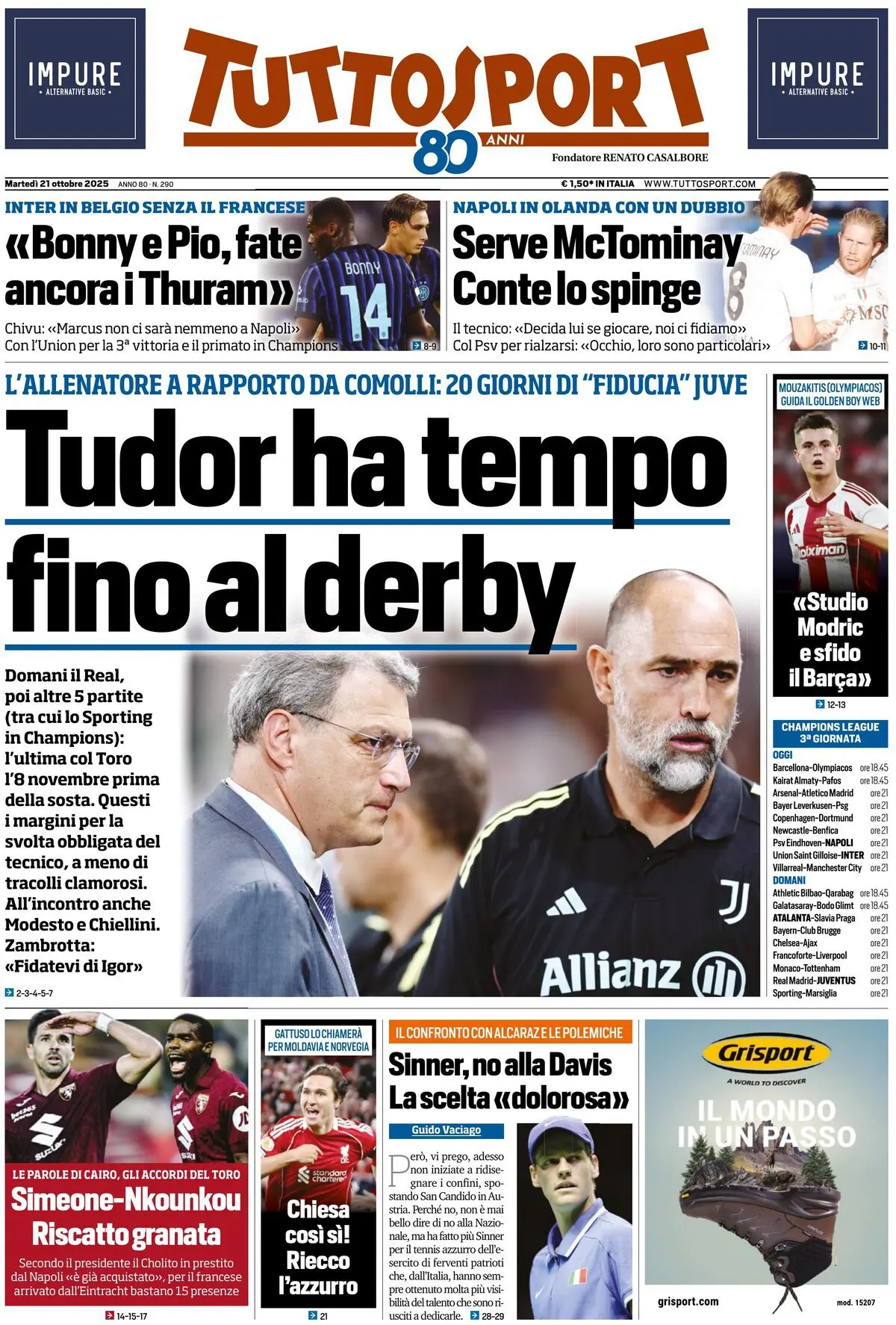 Tuesday's Italian Sports Newspapers: UCL, Tudor On The Brink